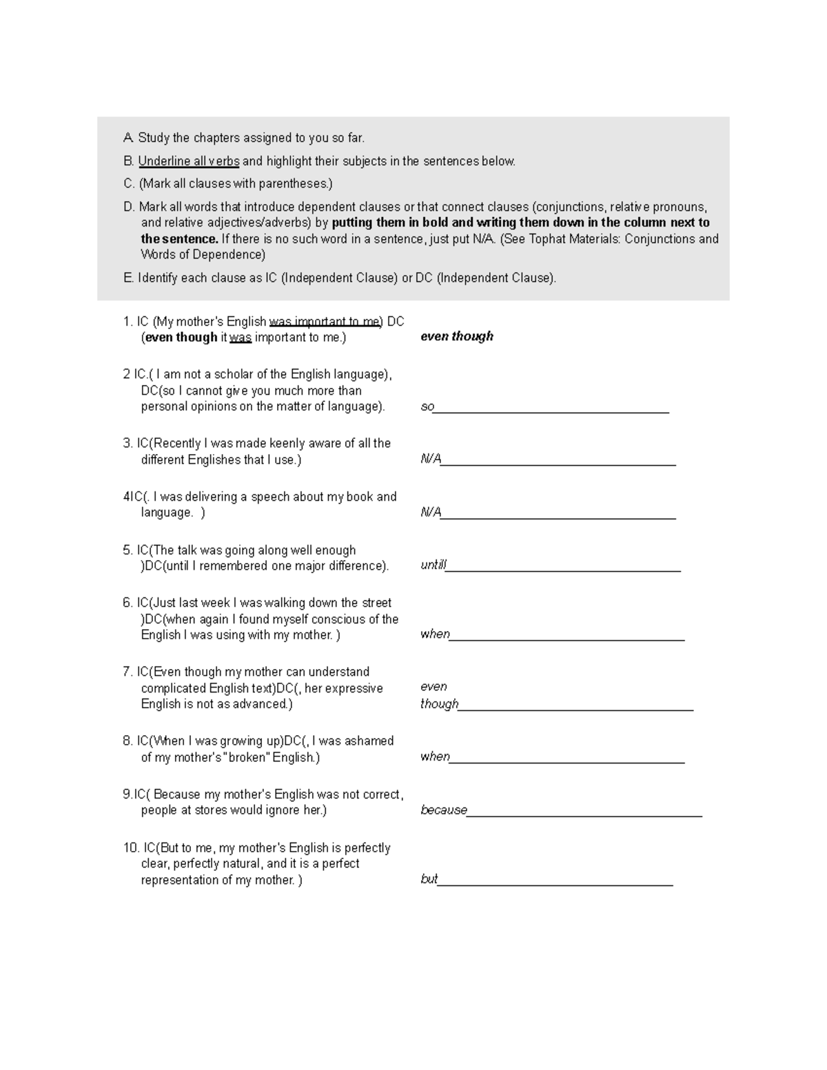 Grammar - Note - A. Study the chapters assigned to you so far. B ...