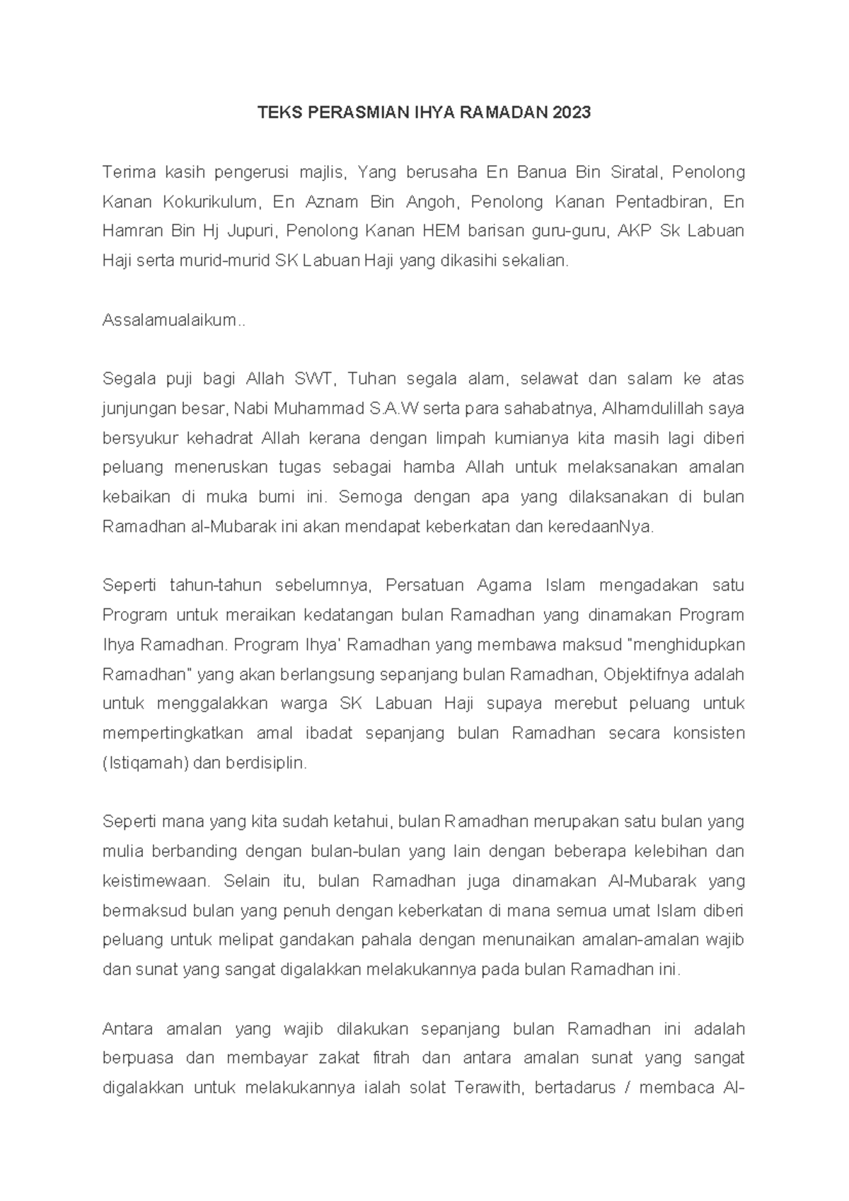 TEKS Perasmian IHYA Ramadan 2023 - TEKS PERASMIAN IHYA RAMADAN 2023 ...