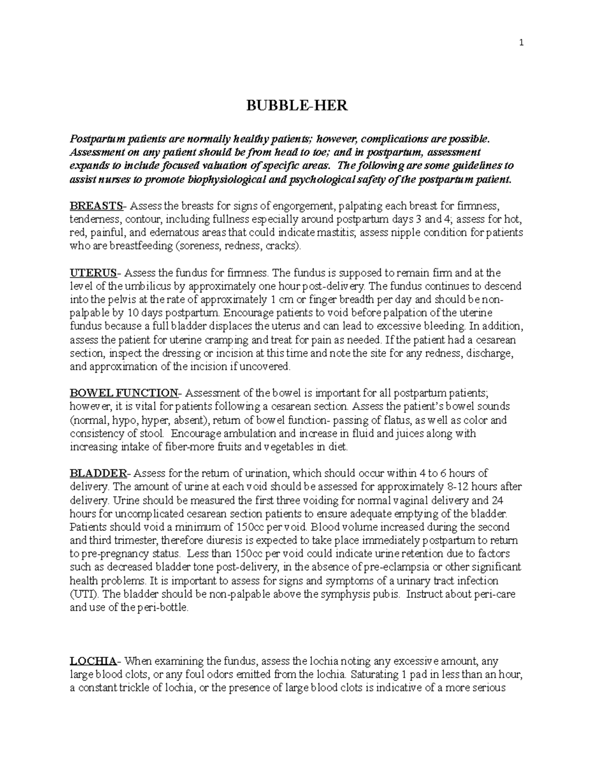 Bubble- Her assessment - 1 BUBBLE-HER Postpartum patients are normally ...