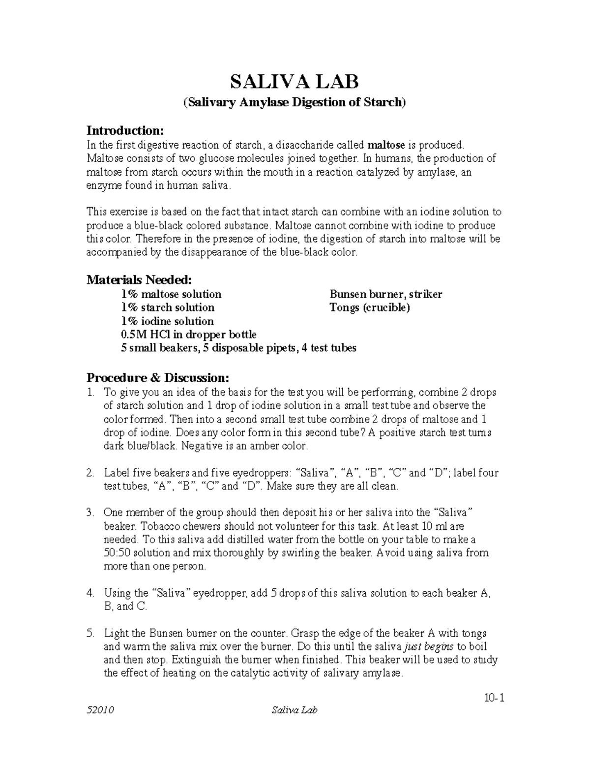 Saliva Lab - hhh - 52010 Saliva Lab 10 - 1 SALIVA LAB (Salivary Amylase Digestion of Starch ...