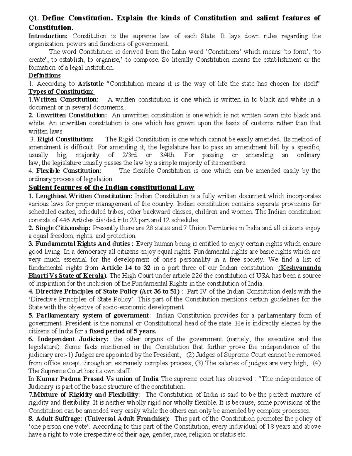 Consititional law - Q1. Define Constitution. Explain the kinds of ...