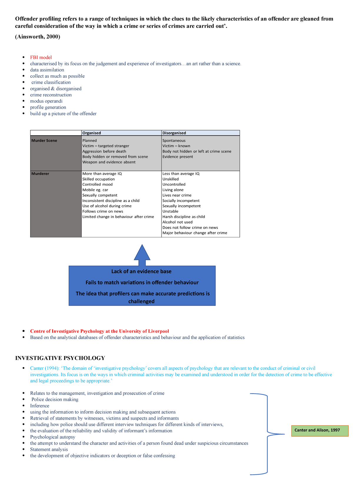Profiling - Lecture notes 22nd October - Offender profiling refers to a ...