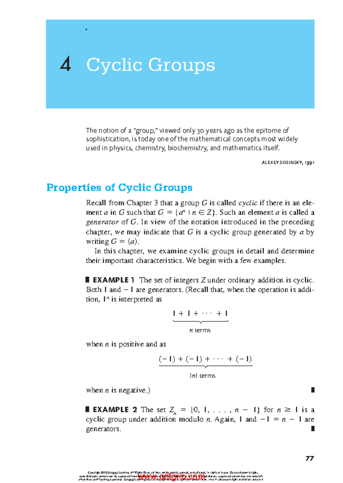 Contemporary Abstract Algebra 6 - 77 4 Cyclic Groups The notion of a “group,” viewed only 30 ...