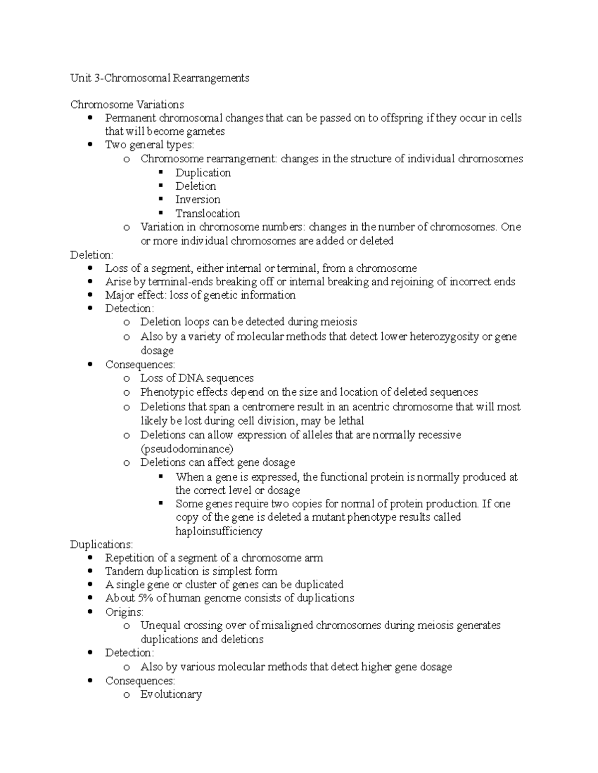 Unit 3 Genetics - Lecture notes Unit 3 Lectures - Unit 3-Chromosomal ...