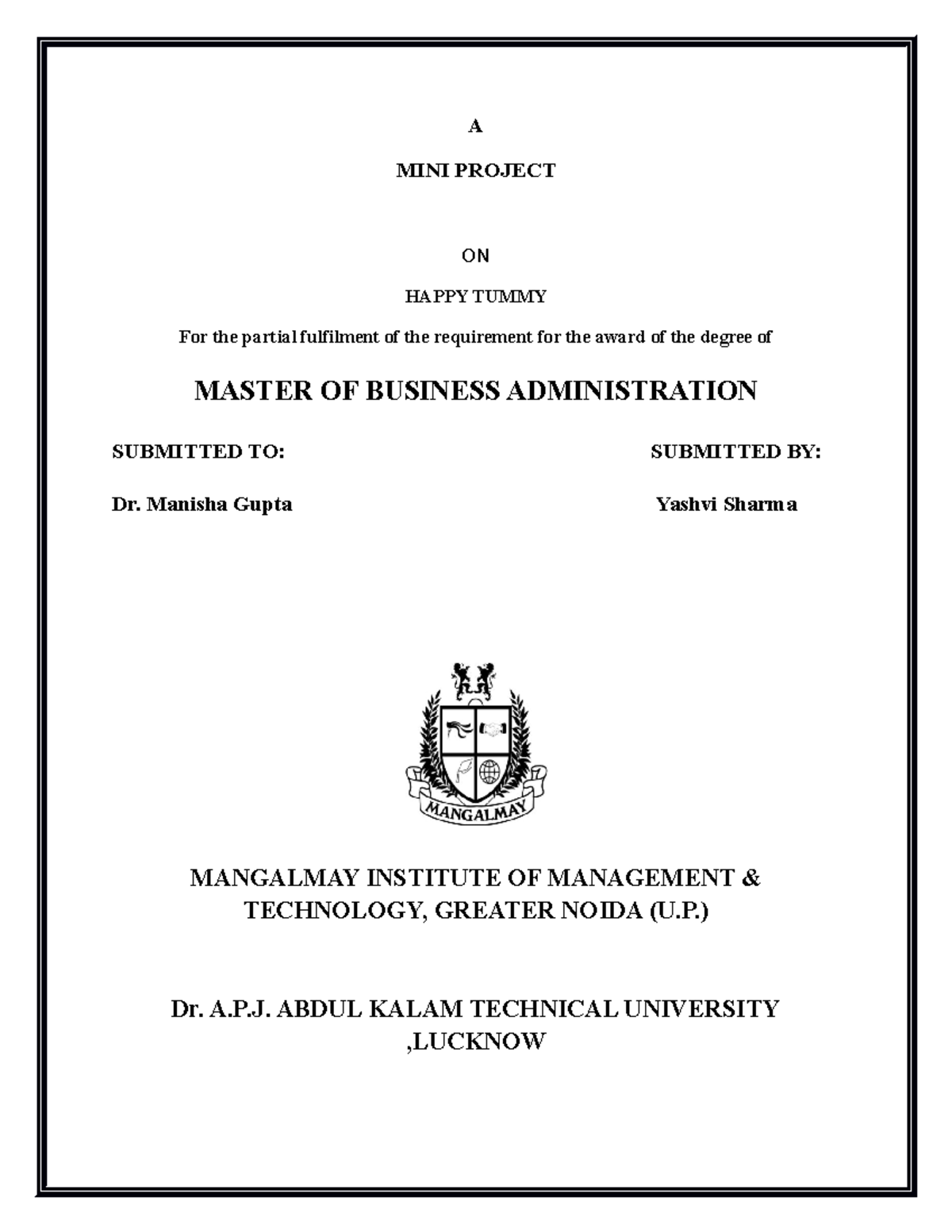 MINI Project BY Yashvi Sharma MBA 1st SEM - A MINI PROJECT ON HAPPY ...