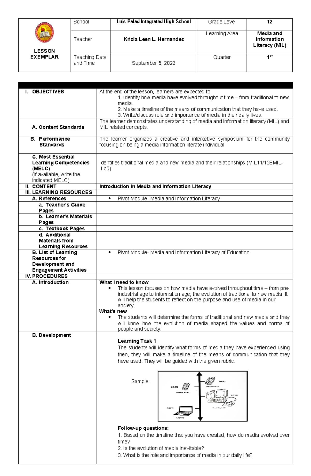 Day 1 Media and Information Literacy - LESSON EXEMPLAR School Luis ...