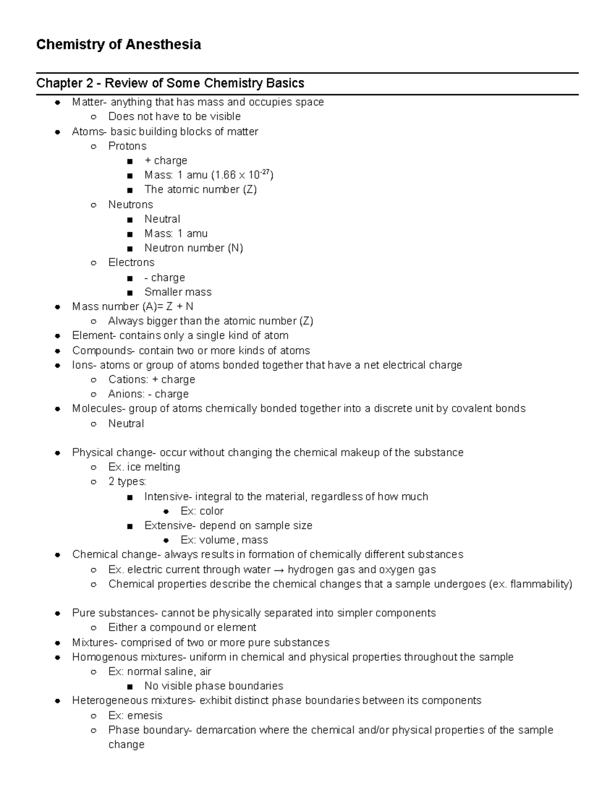 EXAM 2 Notes - Chemistry of Anesthesia Chapter 2 - Review of Some ...