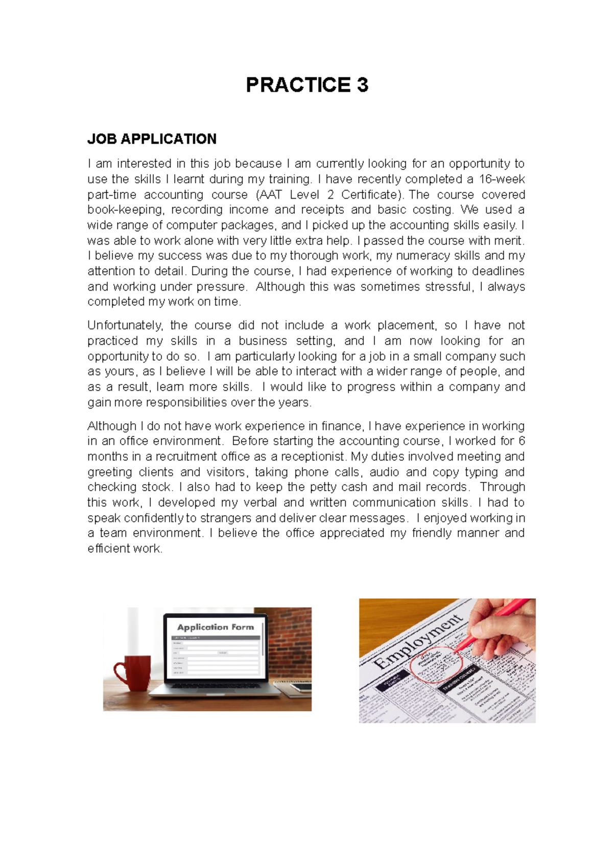 Practice 3. Job application - PRACTICE 3 JOB APPLICATION I am ...