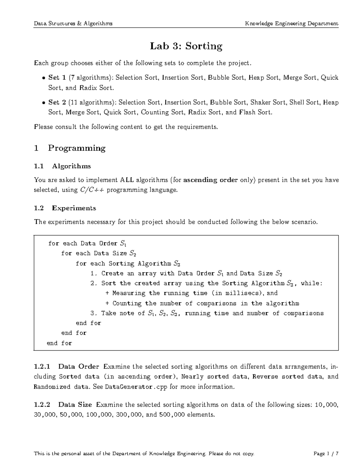 Lab3 - đọc phần trên nhé - Lab 3: Sorting Each group chooses either of the following sets to ...