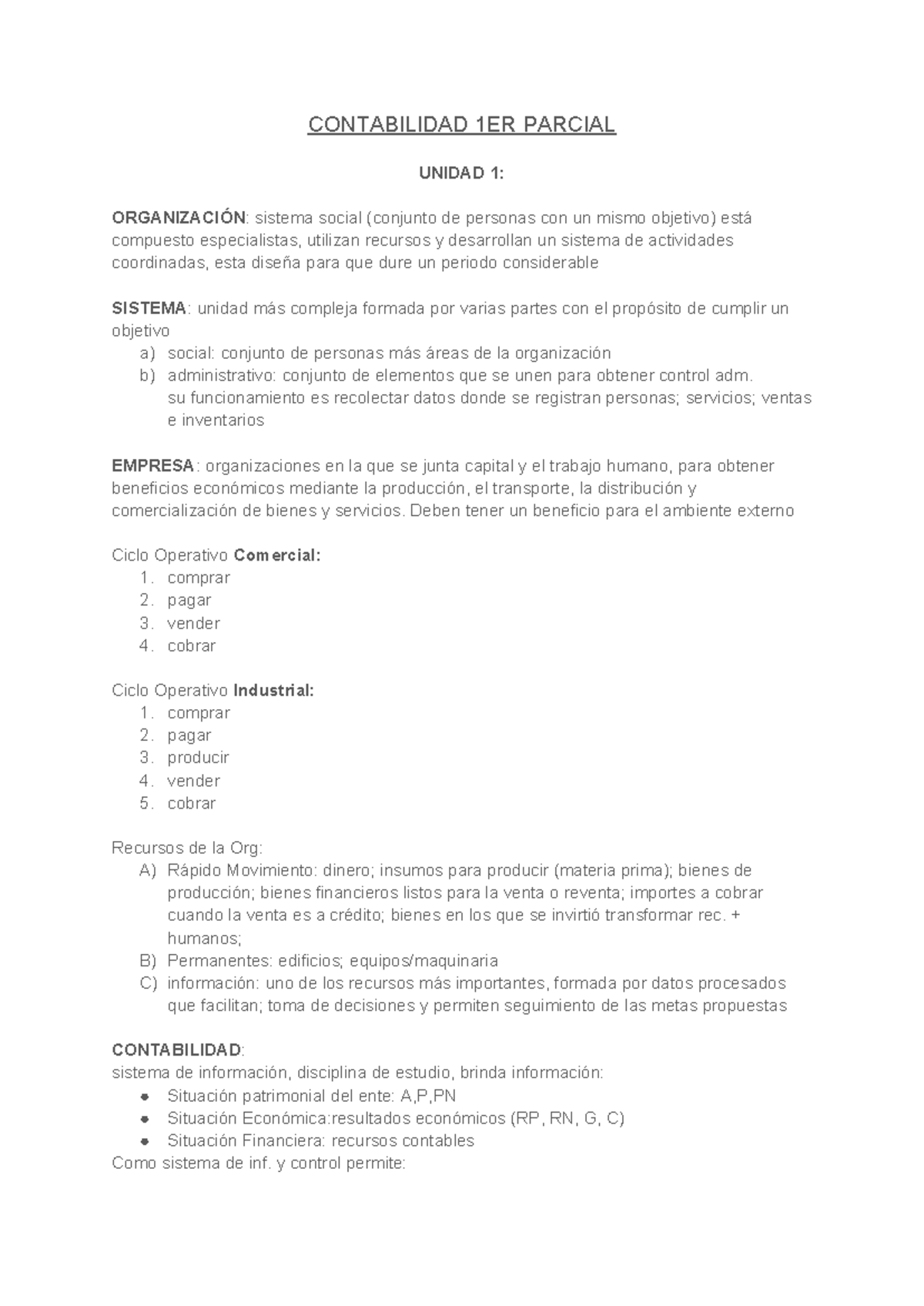 Resumen Contabilidad 1er Parcial - CONTABILIDAD 1ER PARCIAL UNIDAD 1: ORGANIZACIÓN: sistema ...