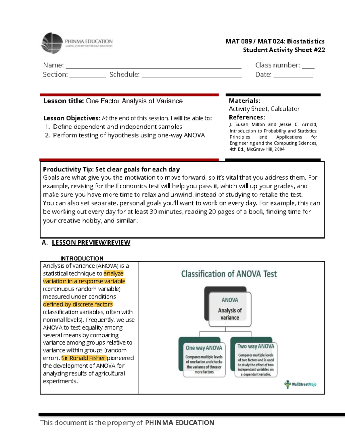 Copy of MAT 089 MAT 024 - SAS 22 - One Factor Analysis of Variance - Student Activity Sheet #2 2 ...