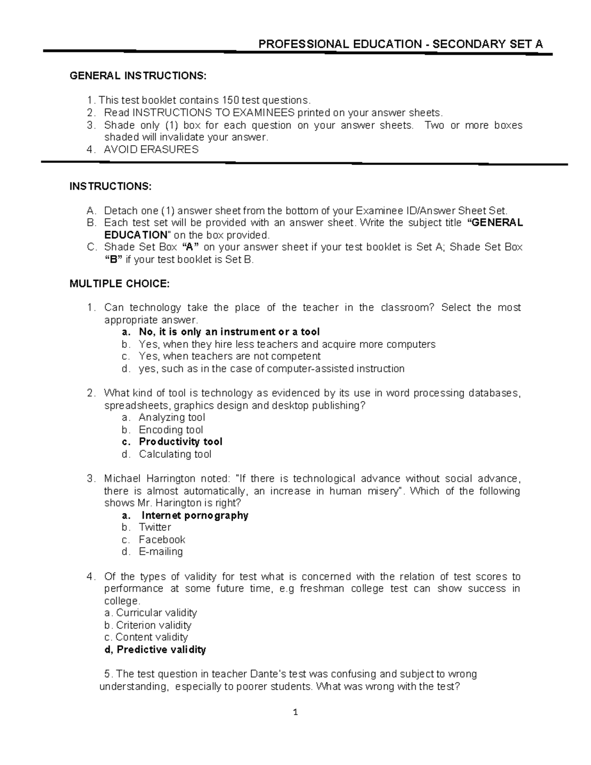 Prof ED 2019 SET SEC A - Reviewer - GENERAL INSTRUCTIONS: This test ...