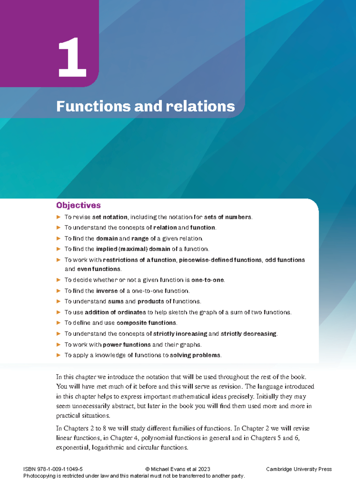 Methods 34 2ed Ch01 - 1 Functions and relations Objectives I To revise set notation, including ...
