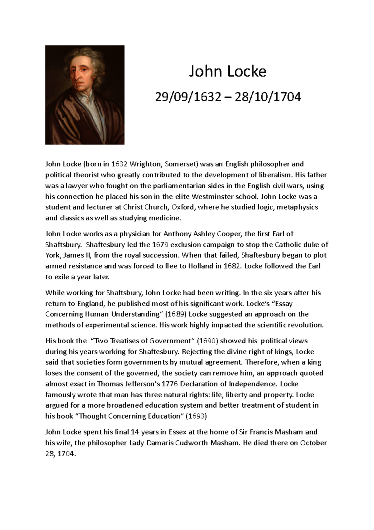 John Locke - Liberalism Key thinkers - John Locke (born in 1632 ...