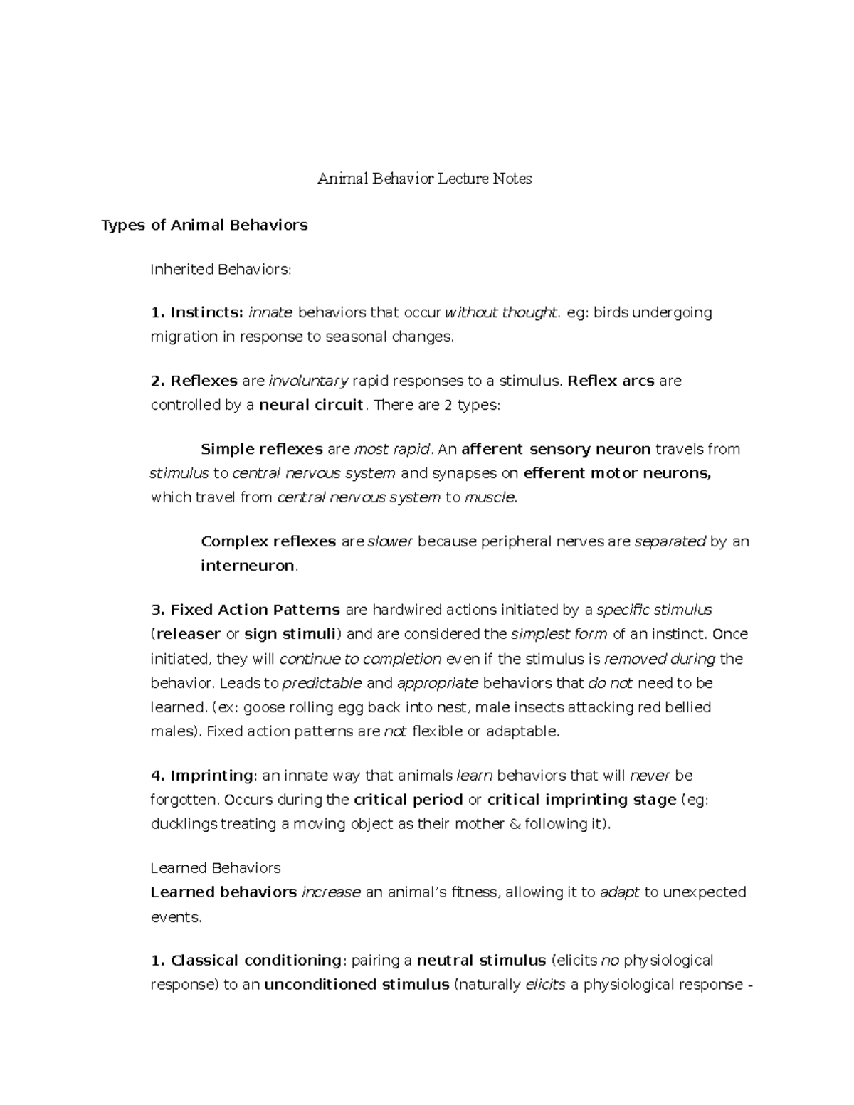 Animal Behavior Lecture Notes - eg: birds undergoing migration in ...