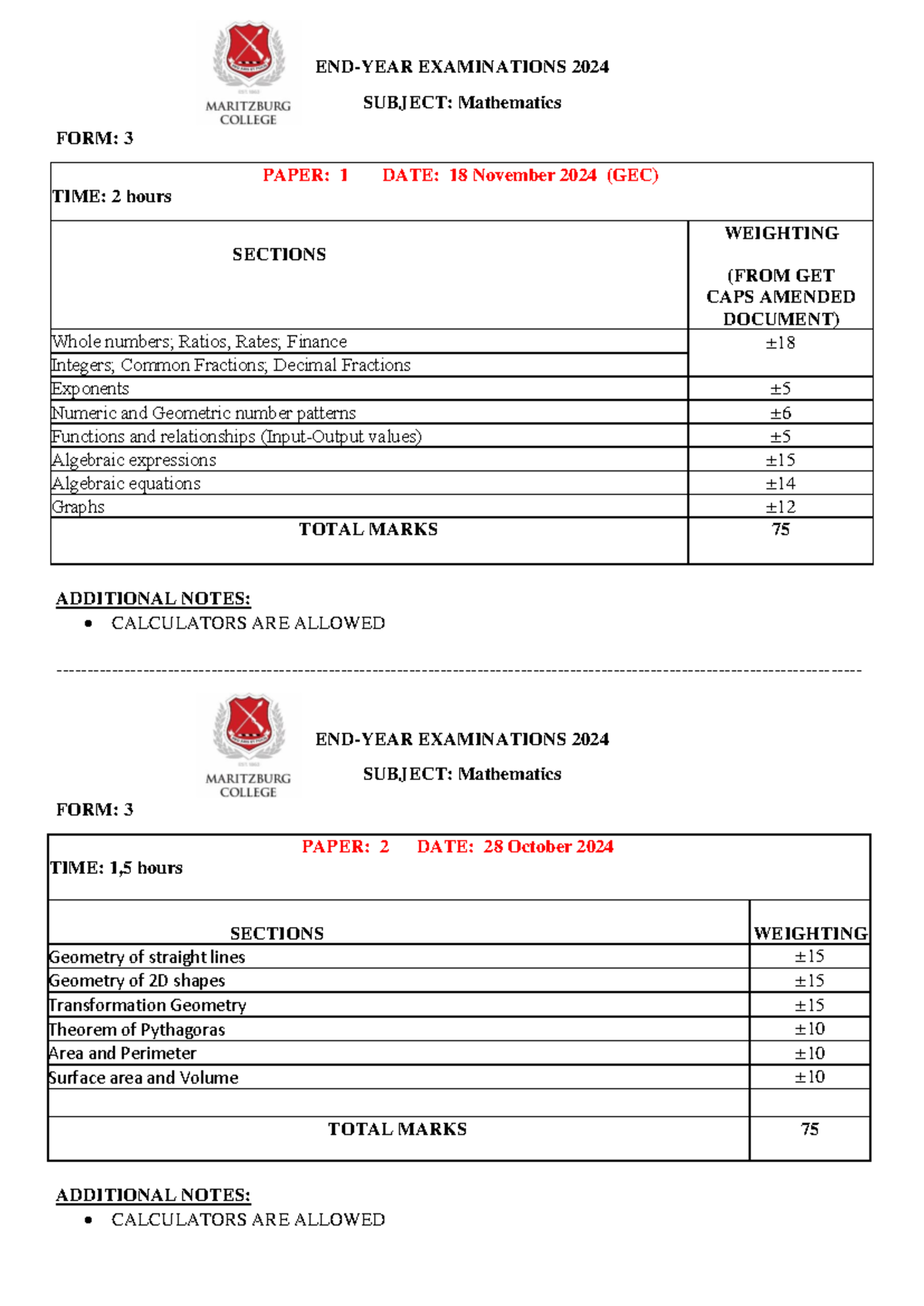 Maths Form 3 Scope Nov 2024 Papers 1-2 - END-YEAR EXAMINATIONS 202 4 ...