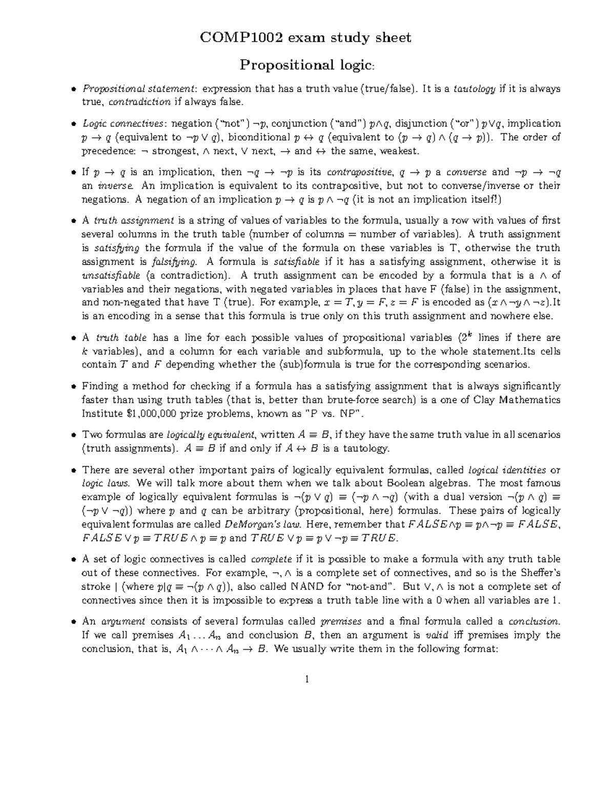 Studysheet-final 1002 - COMP1002 exam study sheet Propositional logic ...