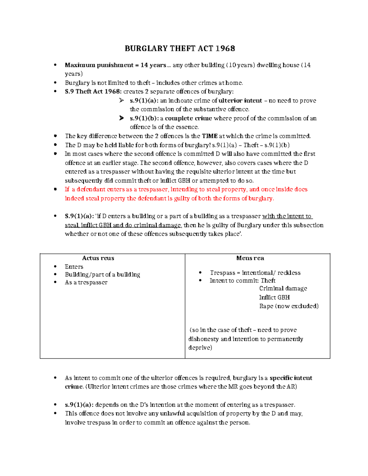 Burglaryfinal 2020 - notes - BURGLARY THEFT ACT 1968 Maximum punishment ...
