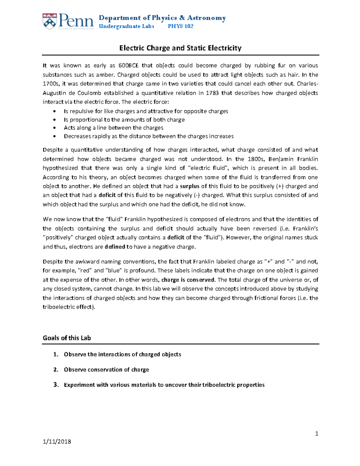 102 Static Electricity - Undergraduate Labs PHYS 102 1 Electric Charge ...