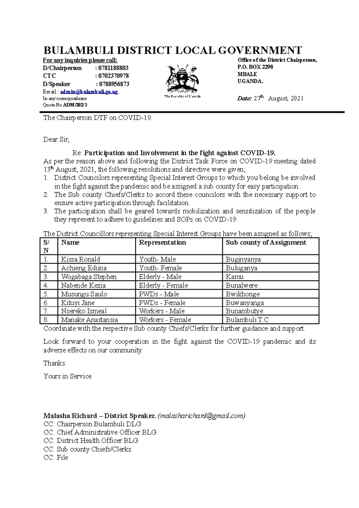 Chairperson DTF - Covid 19 - BULAMBULI DISTRICT LOCAL GOVERNMENT For ...