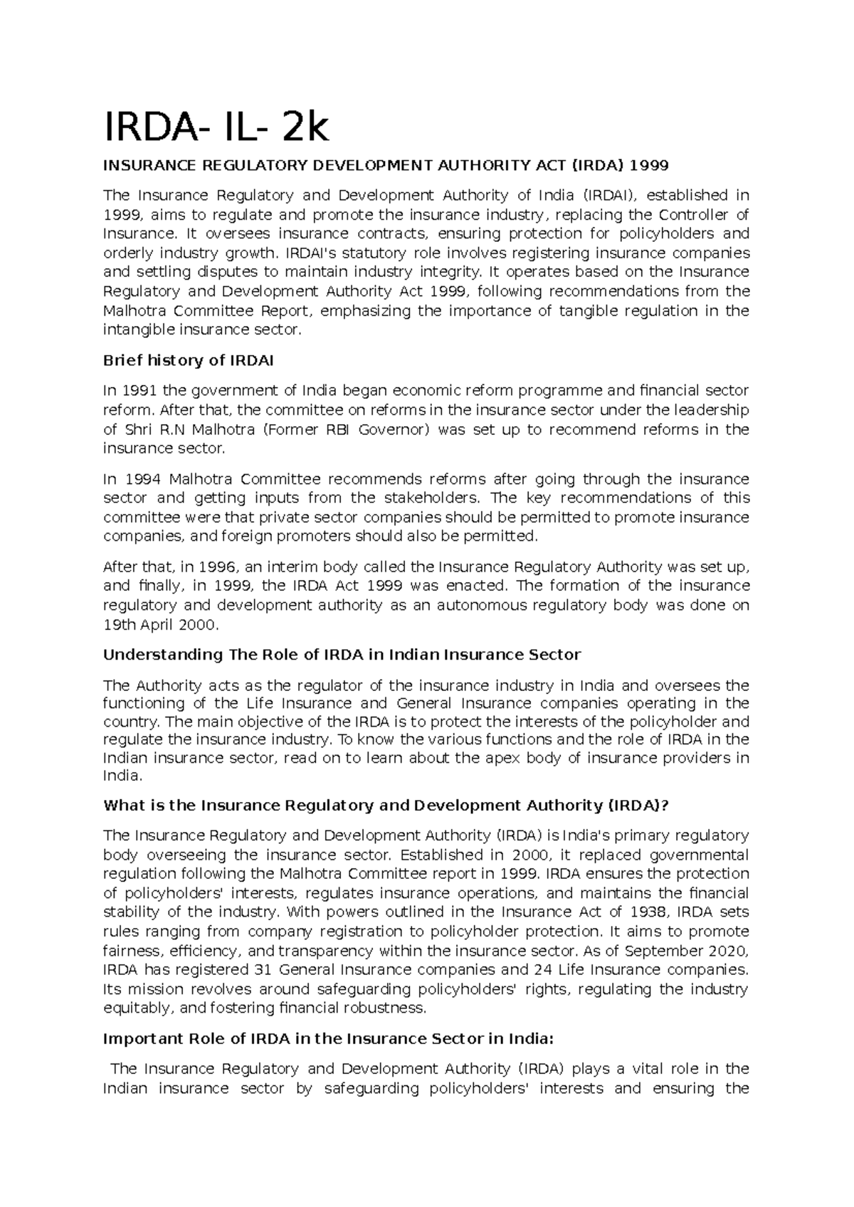 CCE- Component 1 - Papers - IRDA- IL- 2k INSURANCE REGULATORY ...