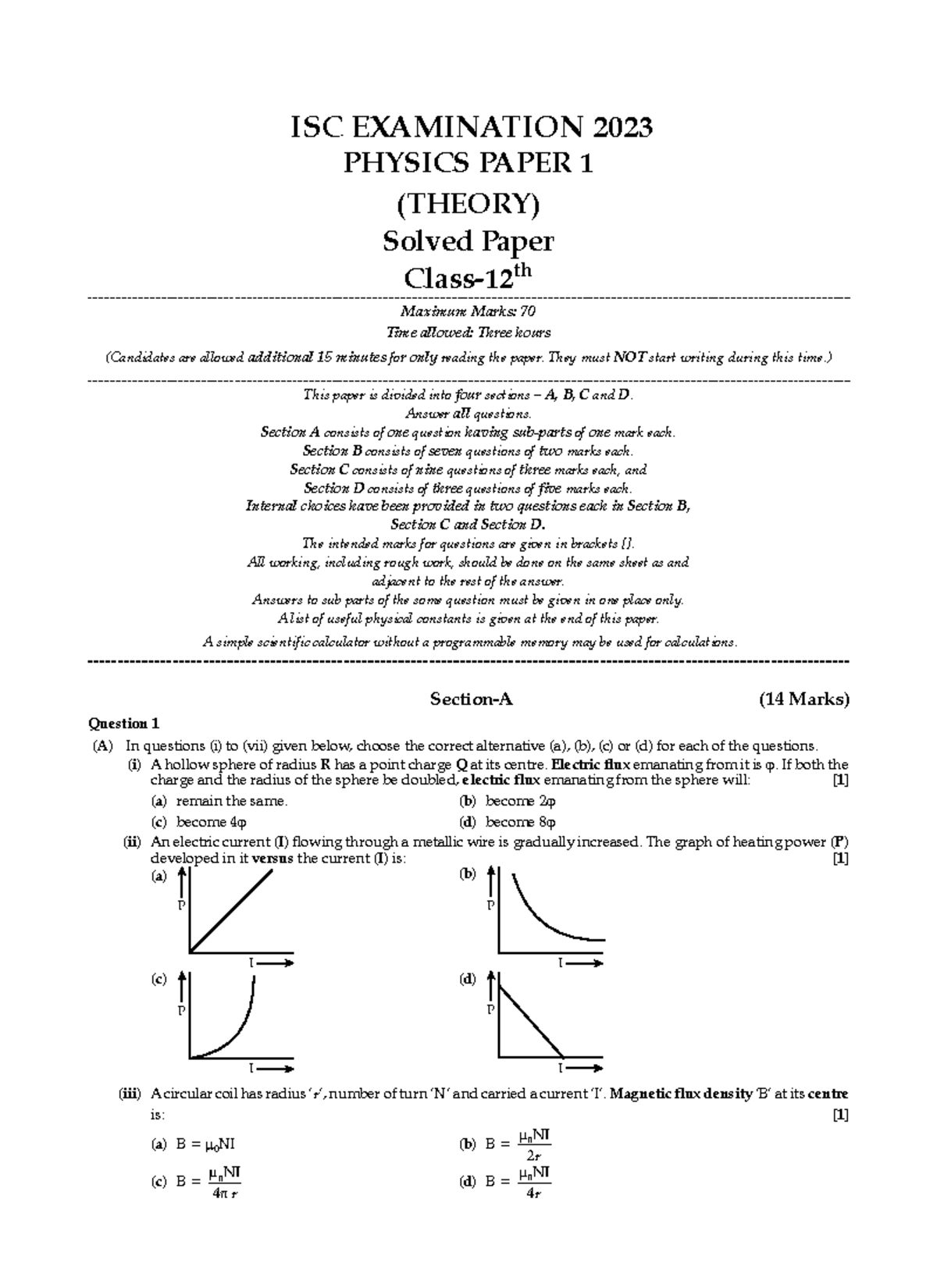 ISC XII Physics Paper-2023 - ISC EXAMINATION 2023 PHYSICS PAPER 1 ...