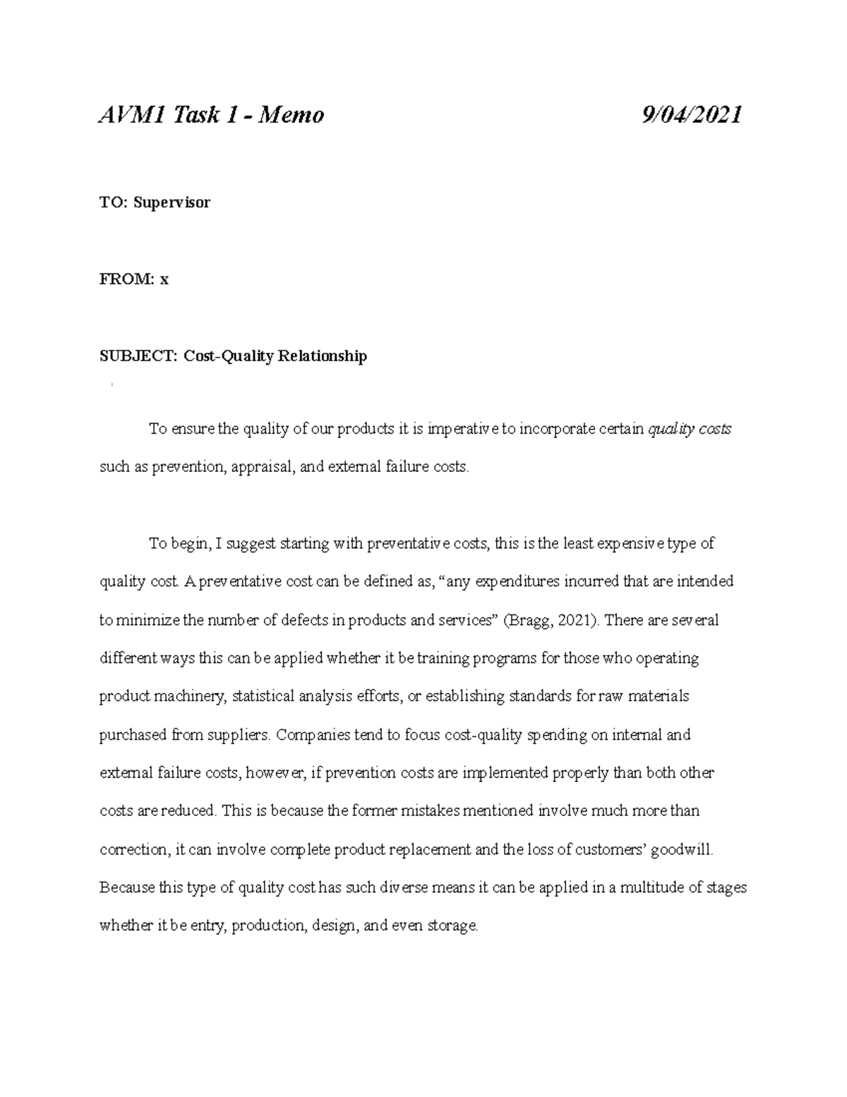 AVM1 Task 1: Memo (Cost-Quality Relationship) - QHT1 - WGU - Studocu