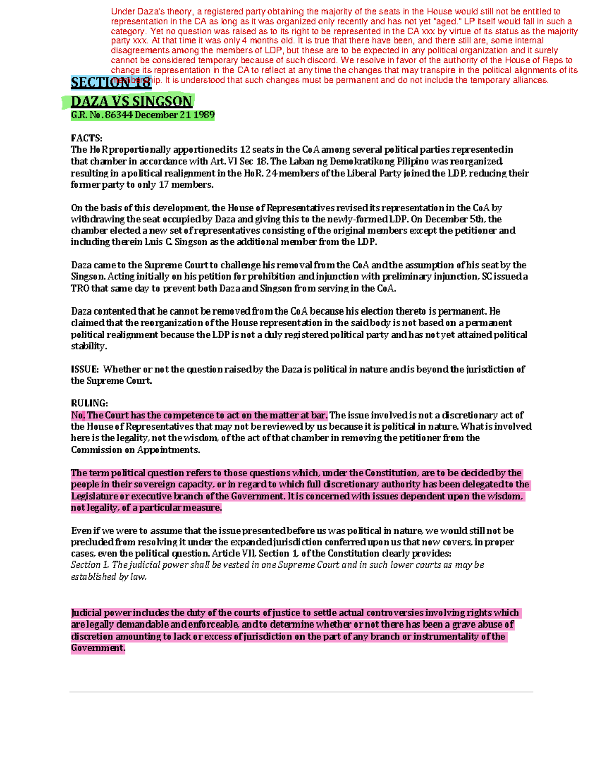 Section 18 and 21 cases - Case digests - SECTION 18 DAZA VS SINGSON G ...