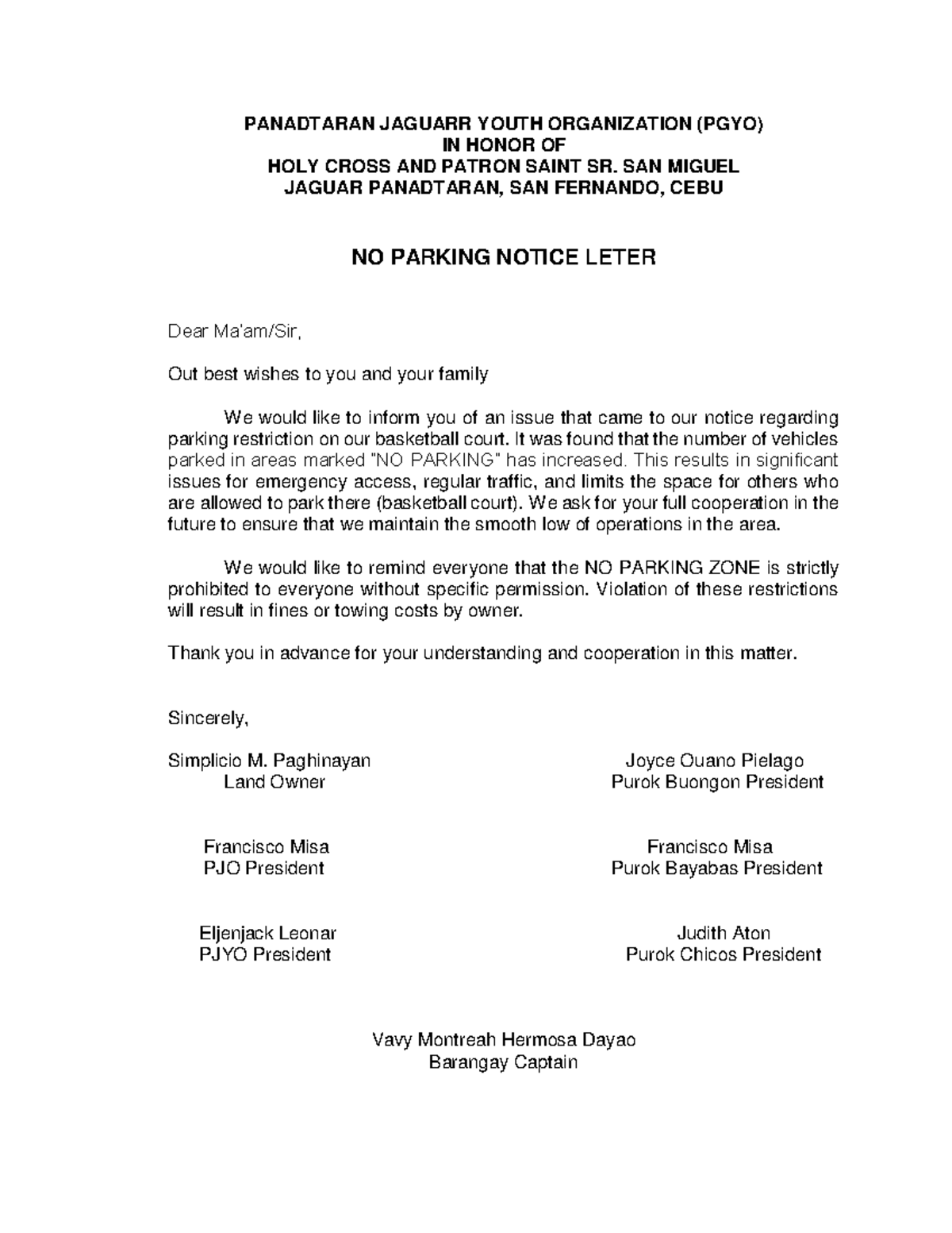 NO Parking - Letter sample - PANADTARAN JAGUARR YOUTH ORGANIZATION ...
