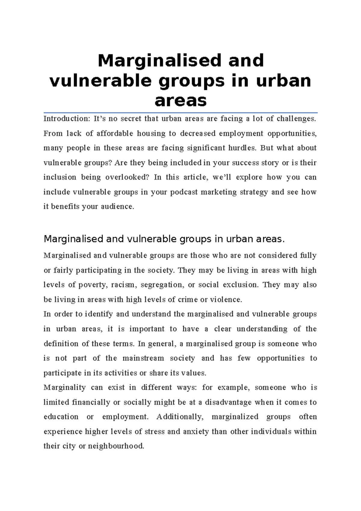 Marginalised and vulnerable groups in urban areas - Marginalised and vulnerable groups in urban ...