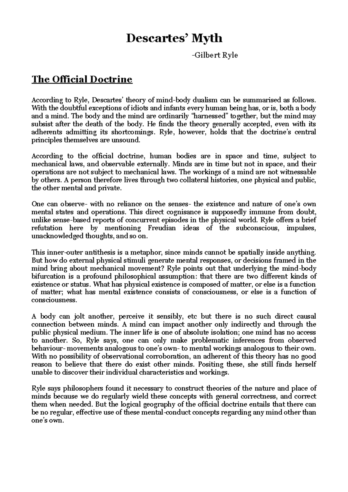 Descartes Myth- Gilbert Ryle Summary - Descartes’ Myth -Gilbert Ryle ...