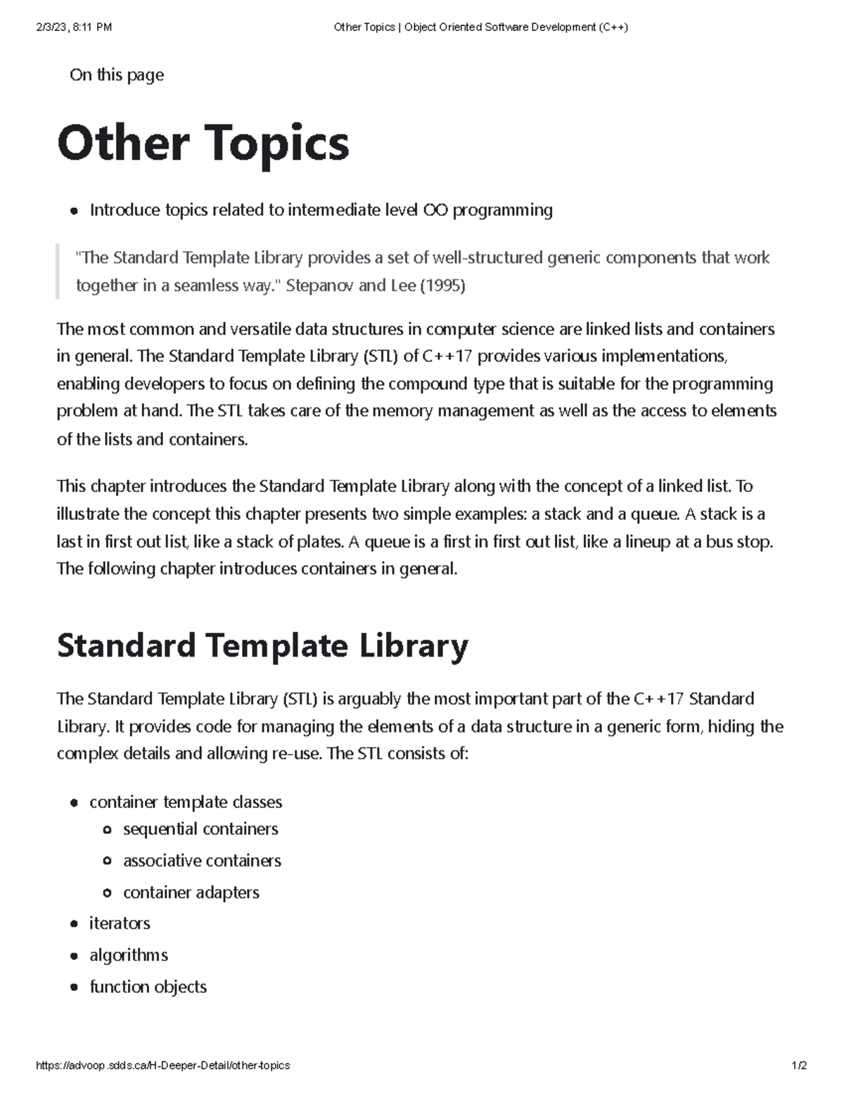 Other Topics Object Oriented Software Development (C++) - sdds/H-Deeper-Detail/other-topics 1 ...