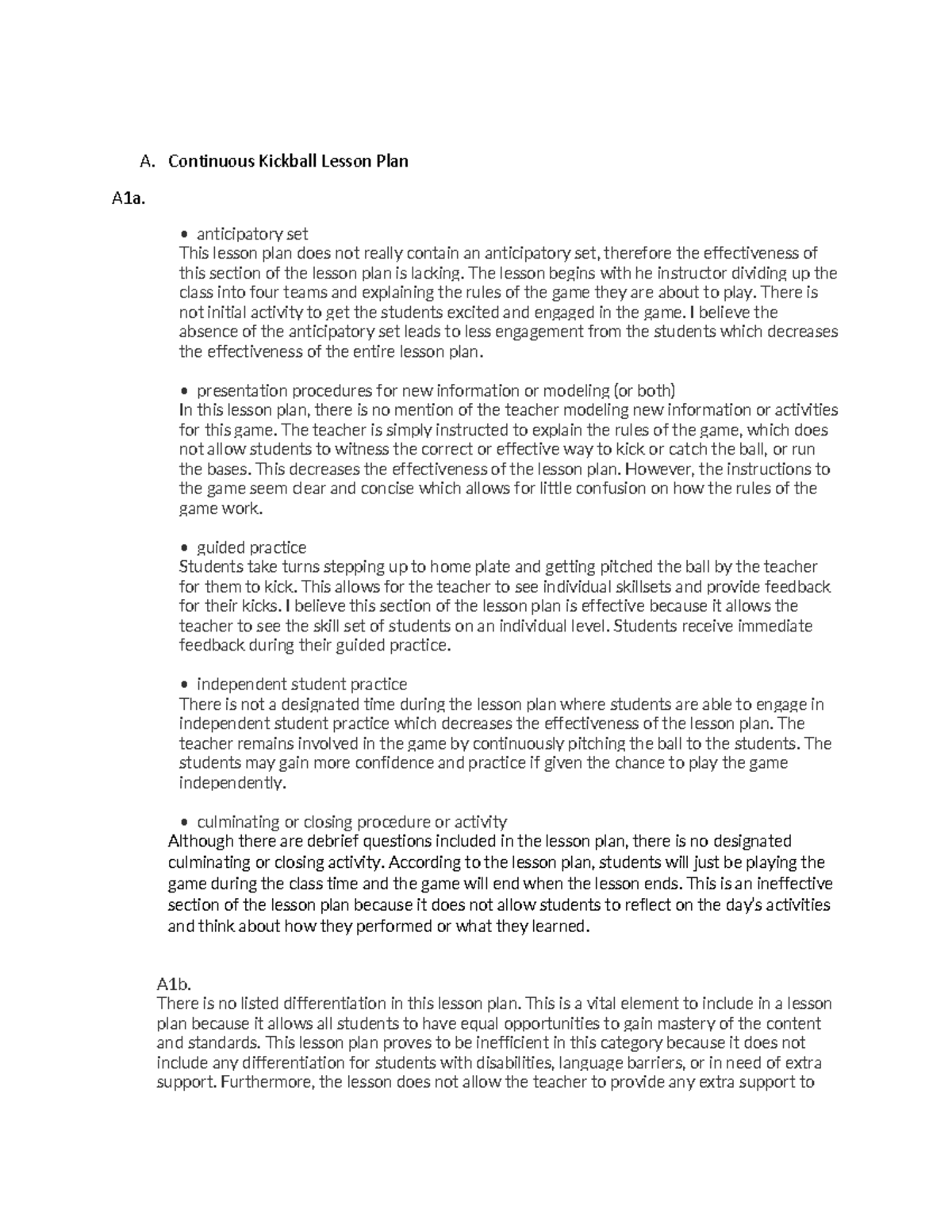 PE Task - Passed on first try - A. Continuous Kickball Lesson Plan A1a ...