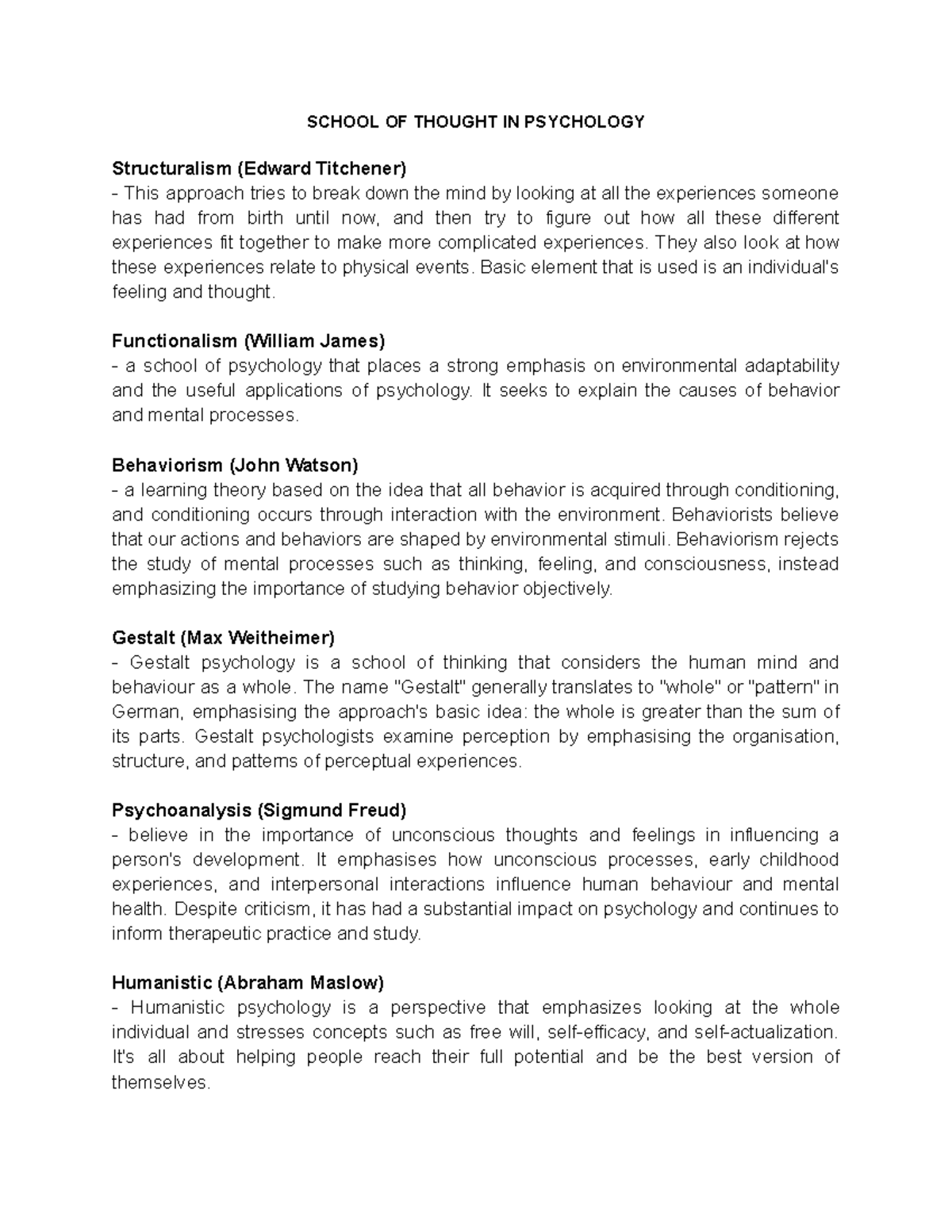 School OF Thought IN Psychology - SCHOOL OF THOUGHT IN PSYCHOLOGY ...