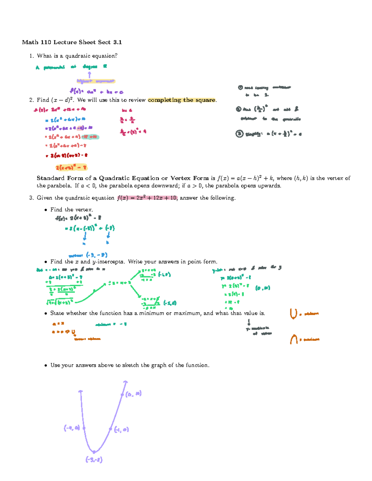 Lecture Notes 3 - Math 110 Lecture Sheet Sect 3. What is a quadratic ...