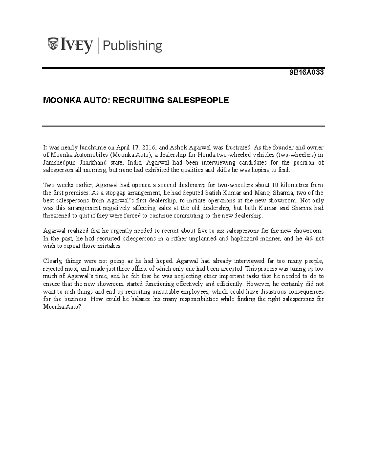 S23 MGMT 6141 Module 8 Moonka Auto- Recruiting Salespeople - 9B16A ...