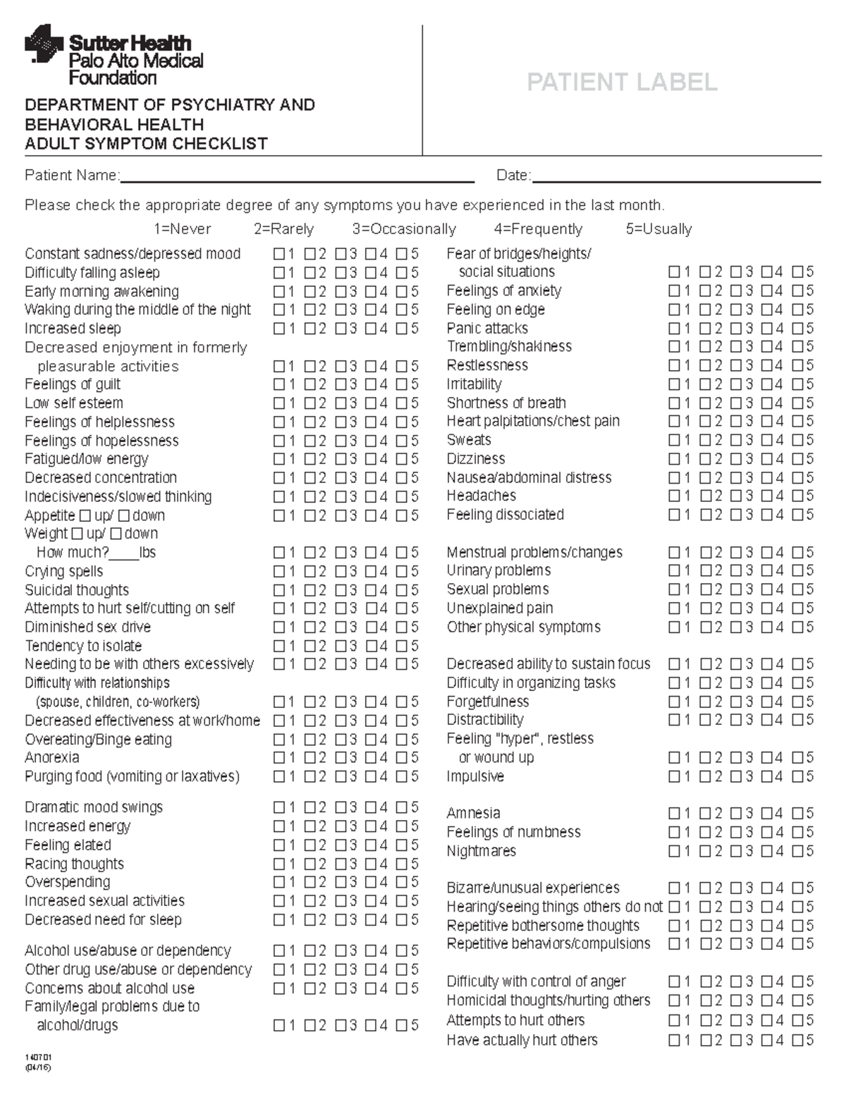 PAMF psych adult symptom checklist - (04/16) DEPARTMENT OF PSYCHIATRY ...