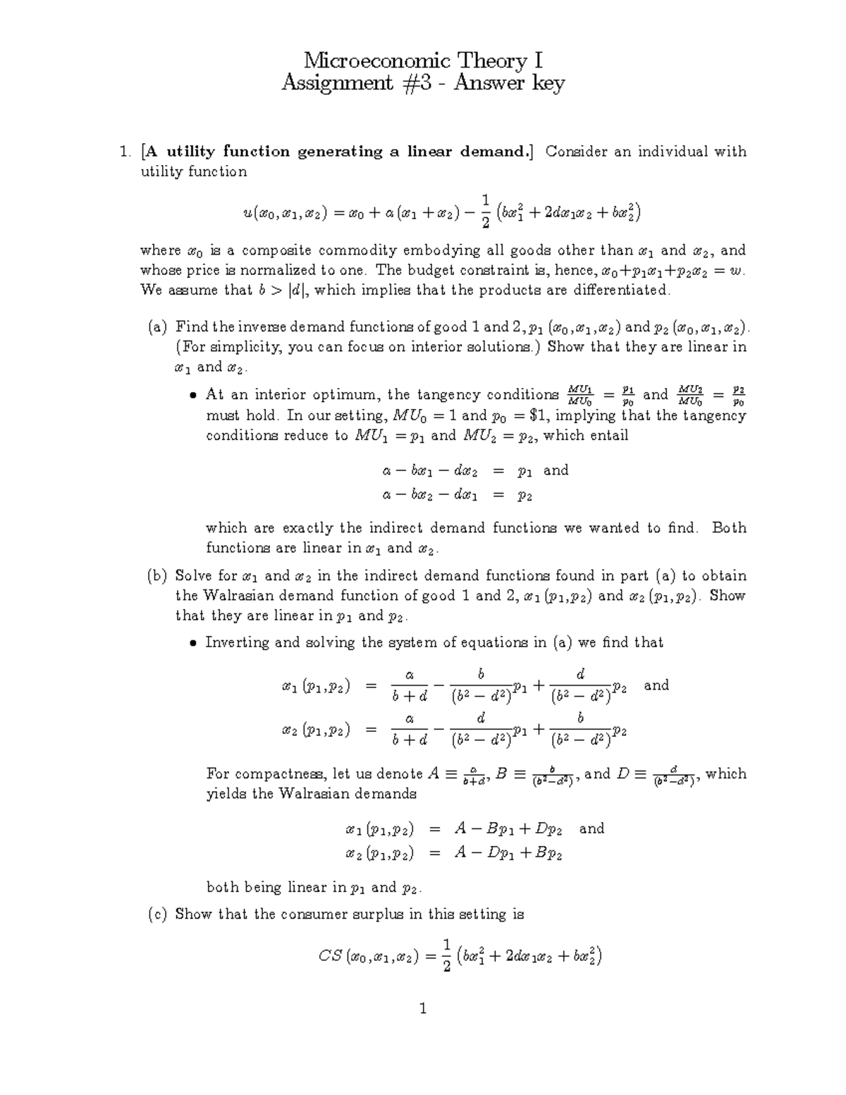 Homework 3 Fall 2016 Questions And Answers Microeconomic Theory I