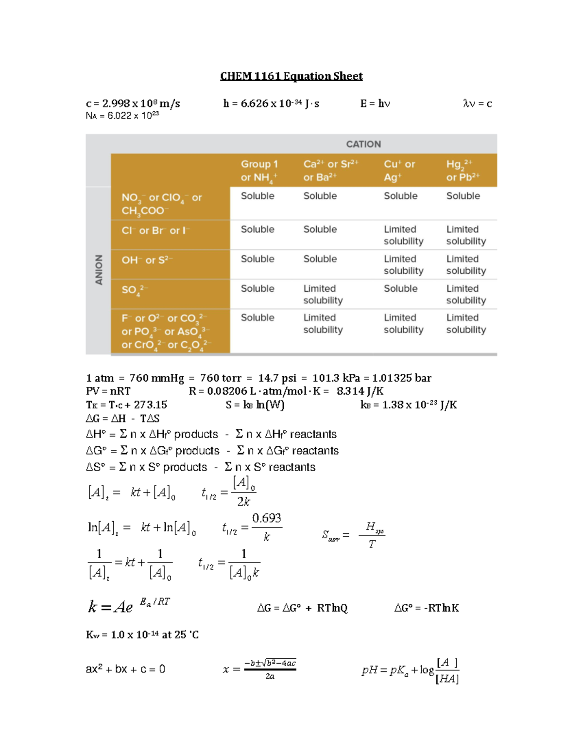 1161 Equation Sheet - ERERERERERERER - CHEM 1161 Equation Sheet c = 2 x ...