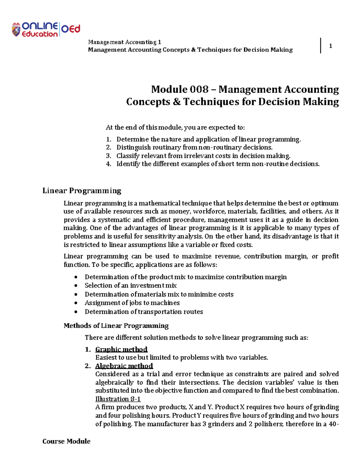 Module 008 – Management Accounting Concepts AND Techniques FOR Decision Making - Management ...