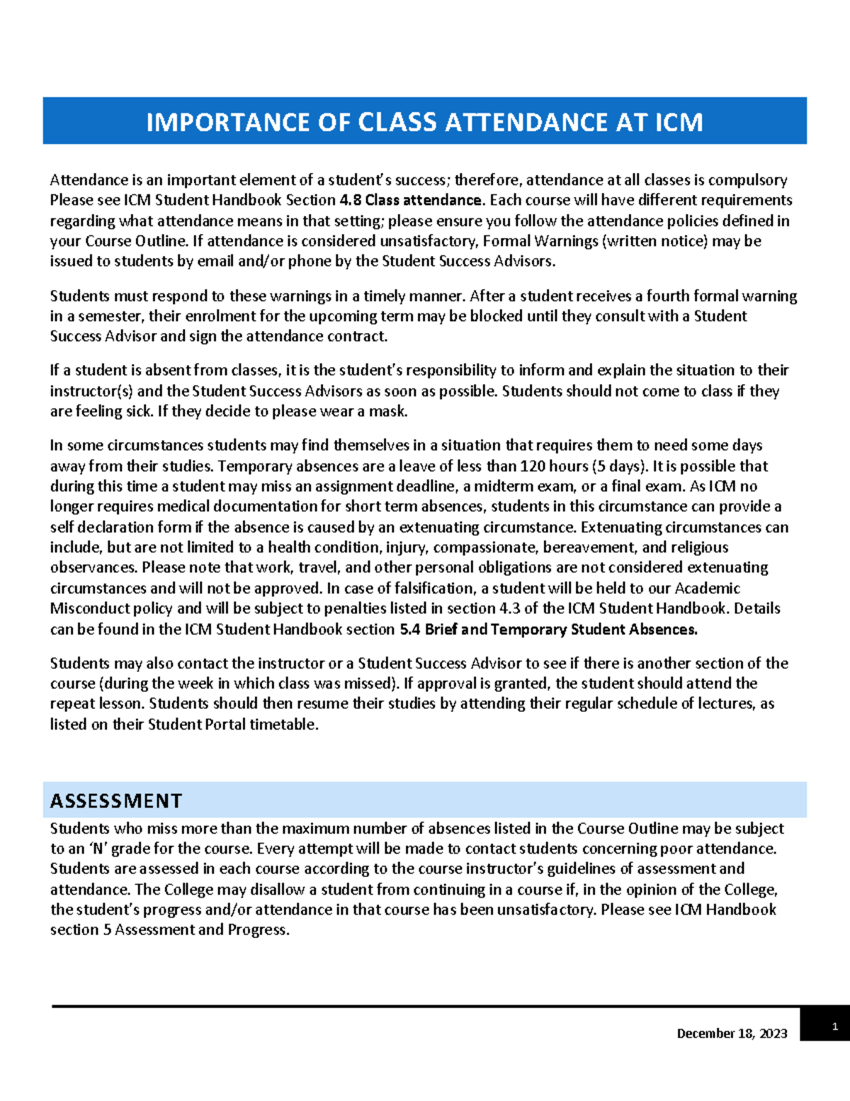 First term Attendance Handout - 1 December 18, 2023 IMPORTANCE OF CLASS ...