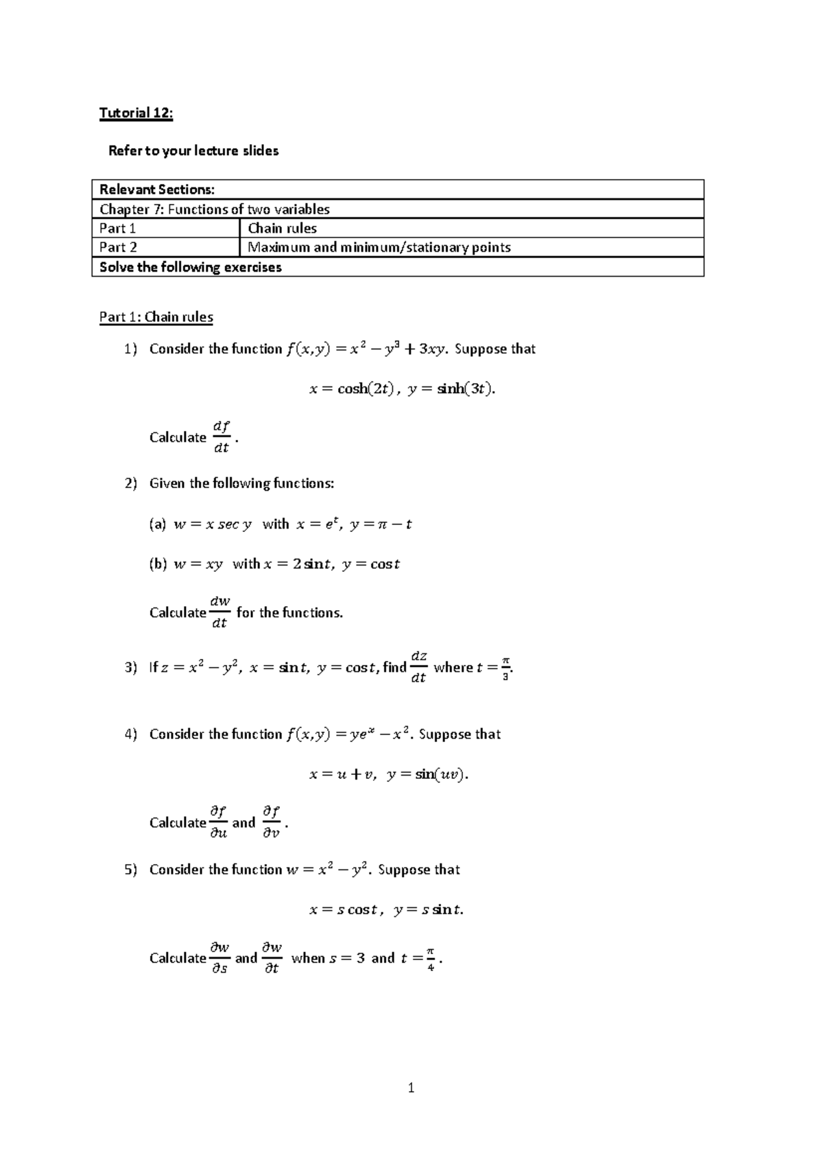 Tut 12 - Calculus and Application - 1 Tutorial 12: Refer to your lecture slides Relevant ...