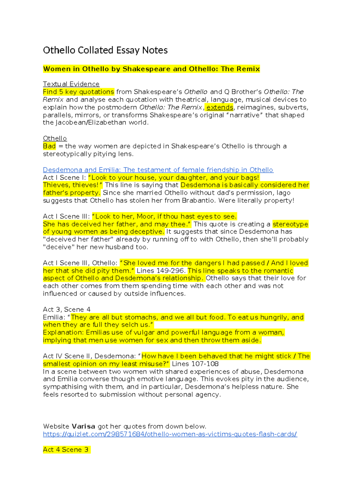 Othello Collated Essay Notes - Othello Bad = the way women are depicted ...