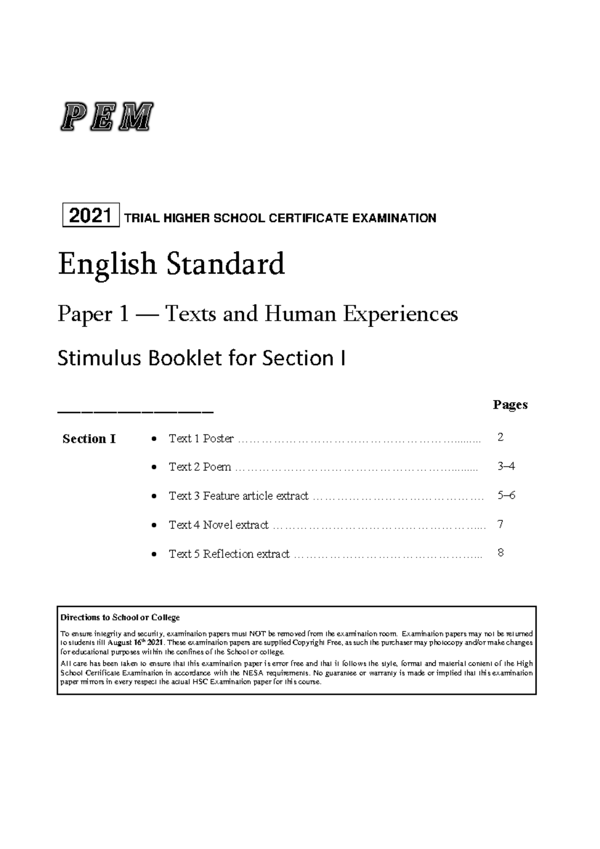 PEM 2021 English Standard Paper 1 Stimulus Booklet Trial HSC - 2021 ...