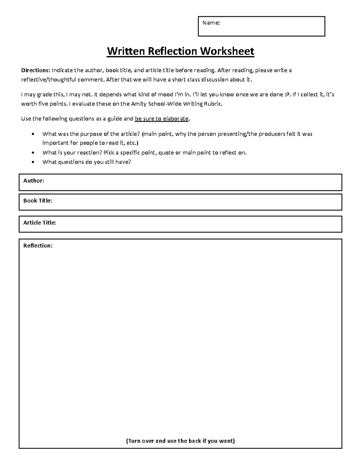 Written Reflection Worksheet - Directions: reflective ...