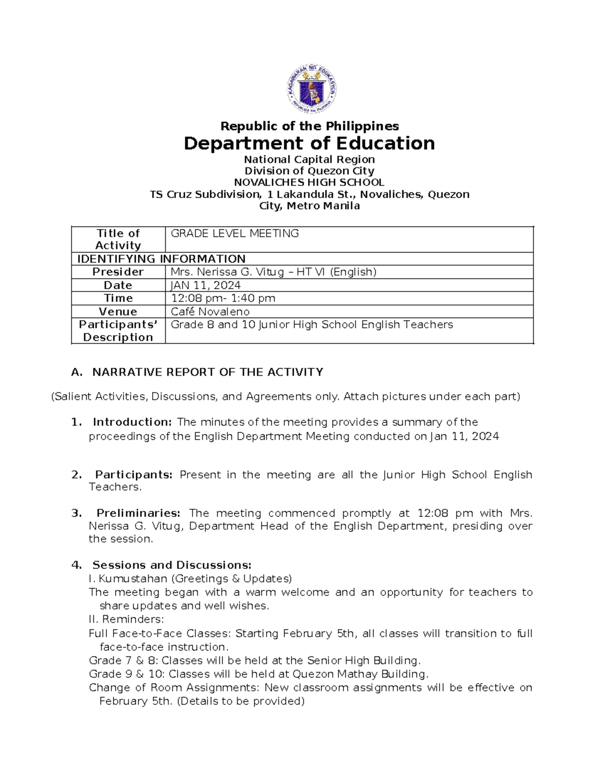 Minutes of the meeting - I MINUTES OF THE MEETING Title of Activity ...