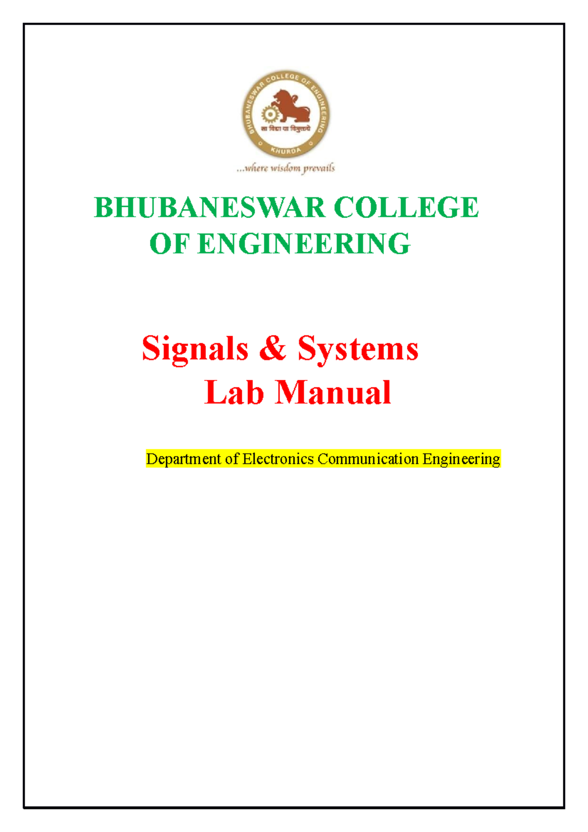 7 SS LAB Manual - ece - BHUBANESWAR COLLEGE OF ENGINEERING Signals & Systems Lab Manual - Studocu