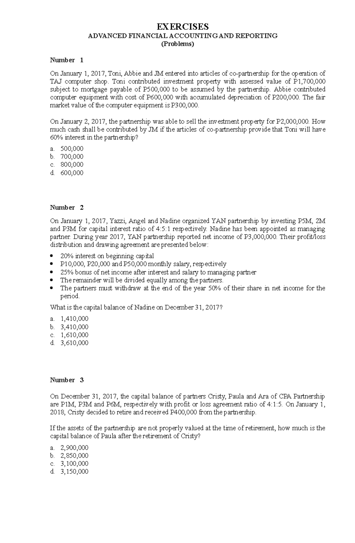 AFAR-Exercises-Problems - EXERCISES ADVANCED FINANCIAL ACCOUNTING AND REPORTING (Problems ...