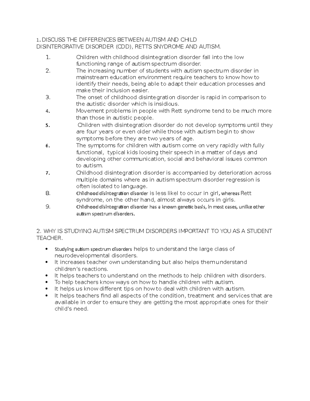 Autism sly - 1. DISCUSS THE DIFFERENCES BETWEEN AUTISM AND CHILD ...