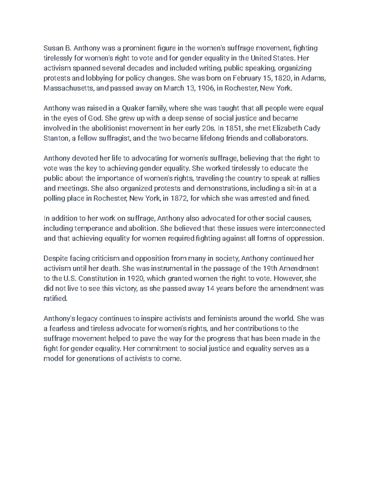 Susan B Anthony - Susan B. Anthony was a prominent figure in the women ...